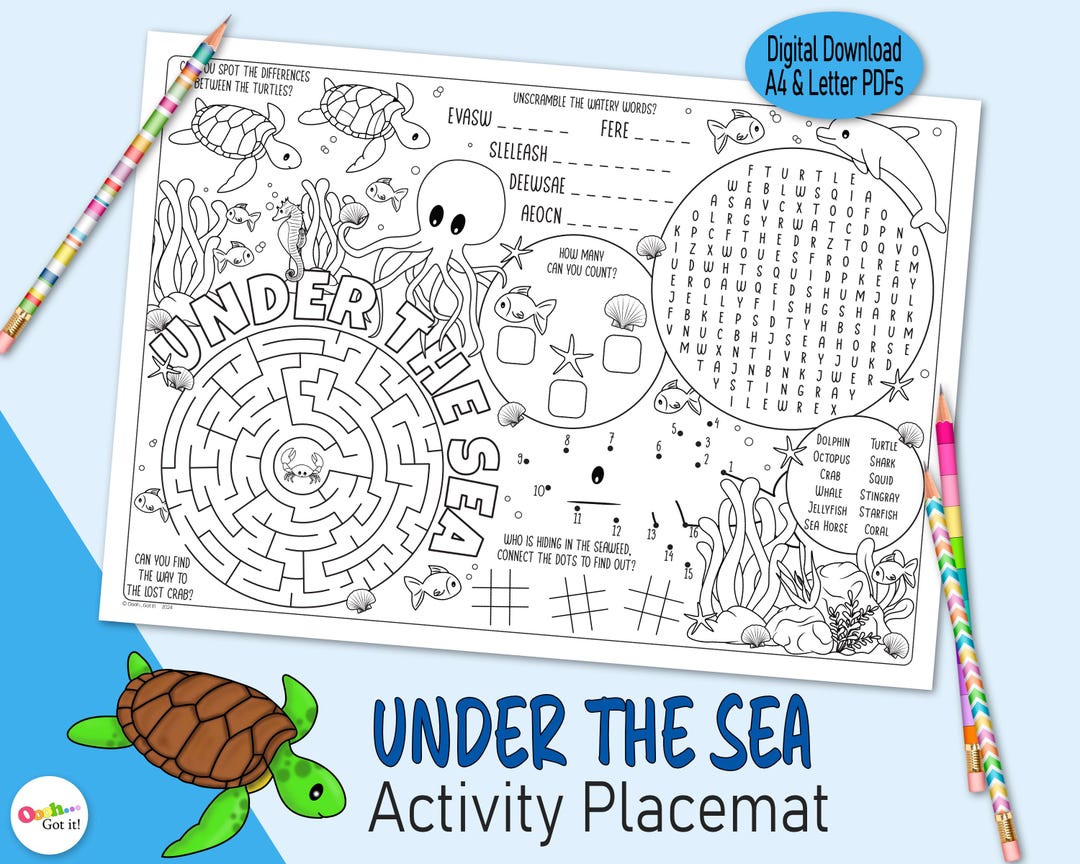 Under the Sea Placemat, Printable Ocean Birthday Party Activity Sheet ...