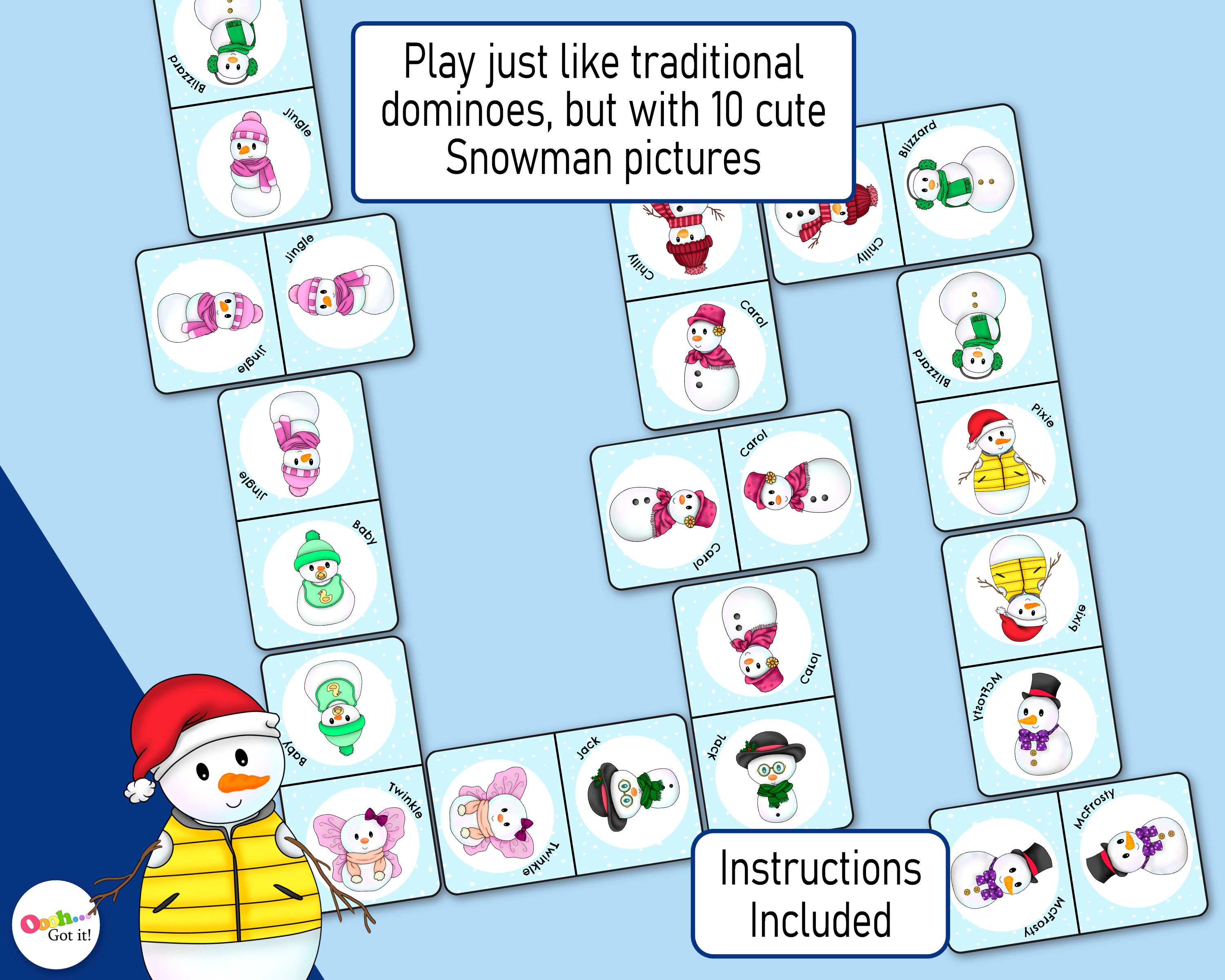 Snowman Dominoes, a Printable Winter Picture Matching Game, Kids ...