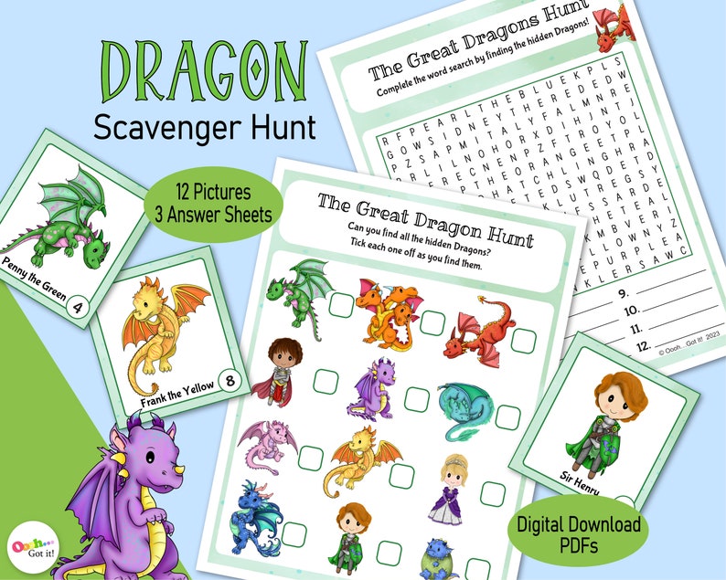 Dragon Picture Scavenger Hunt, a Printable Picture Matching Fantasy ...