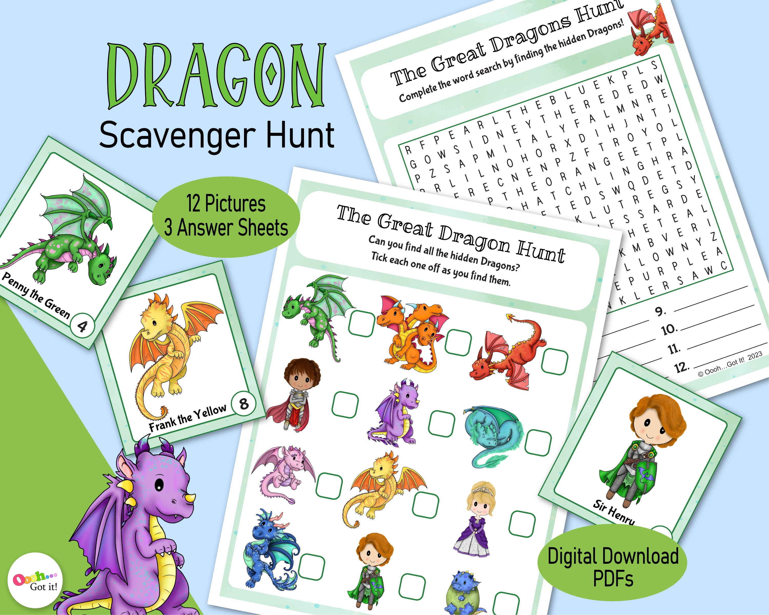Dragon Picture Scavenger Hunt, a Printable Picture Matching Fantasy ...
