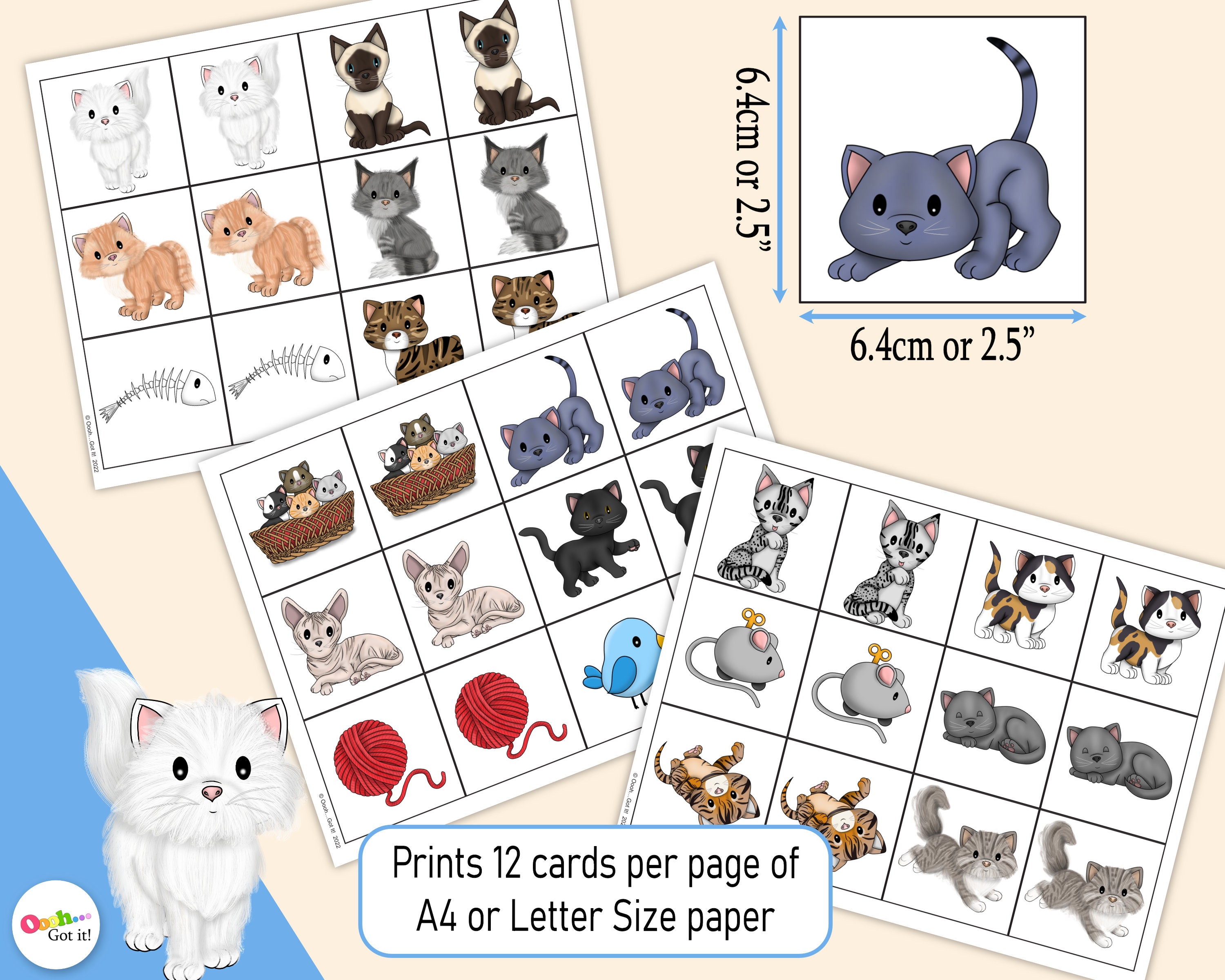 Cat Memory Card Game, a Printable Kitty Picture Matching Activity for ...