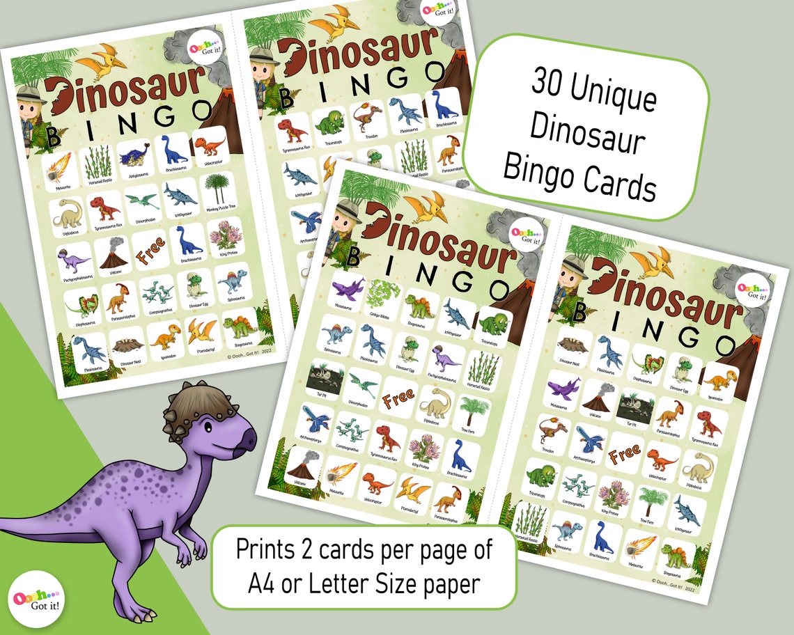 Dinosaur Bingo, Printable Jurassic 2nd Birthday Party Game, a T-rex ...