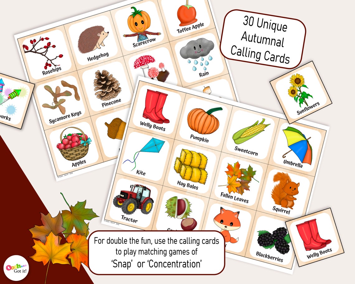 Autumn Bingo Cards, a Fall Printable Kids Activity, a September ...