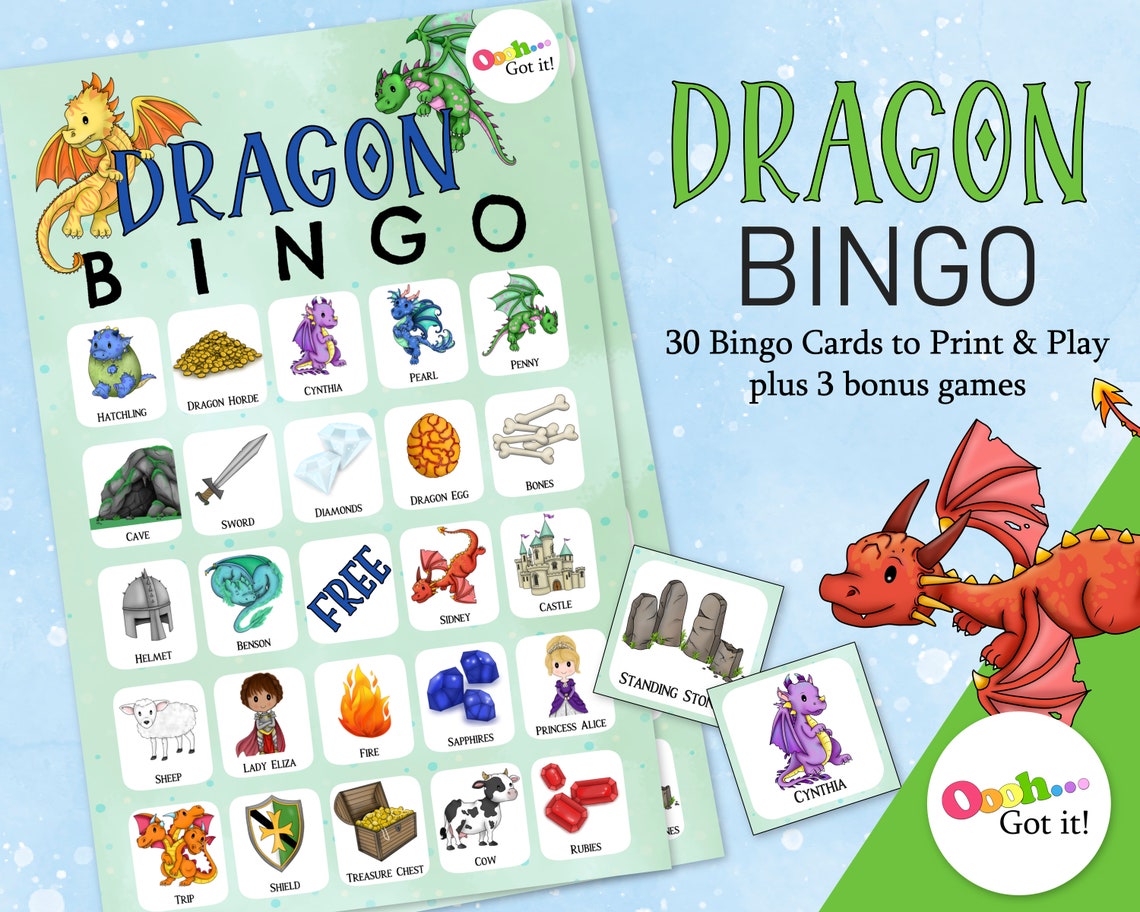 Dragons Bingo 30 Printable Bingo Cards a Fantasy Dragon & - Etsy