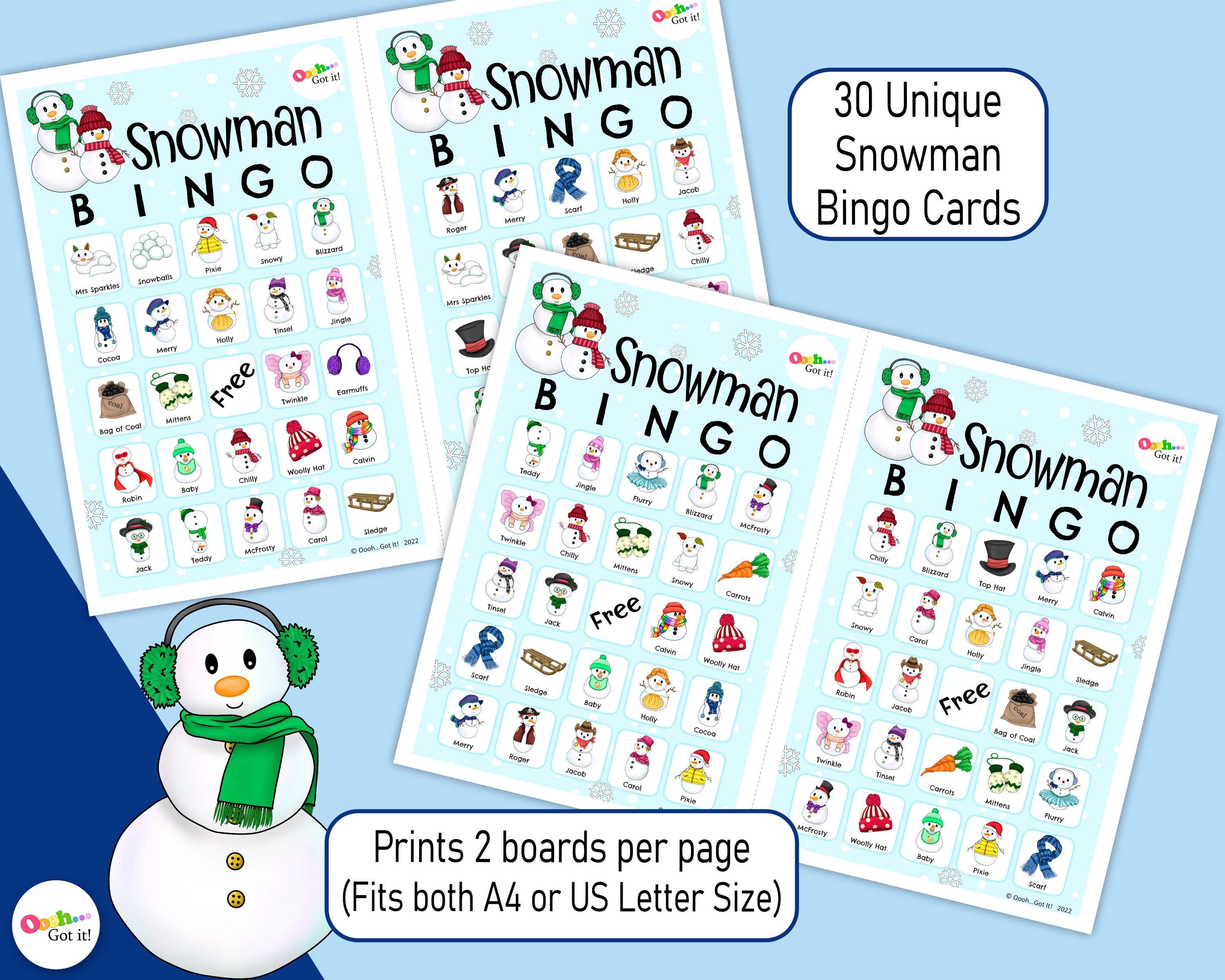 Snowman Bingo, 30 Printable Bingo Cards; a Festive Kids Winter Game for ...