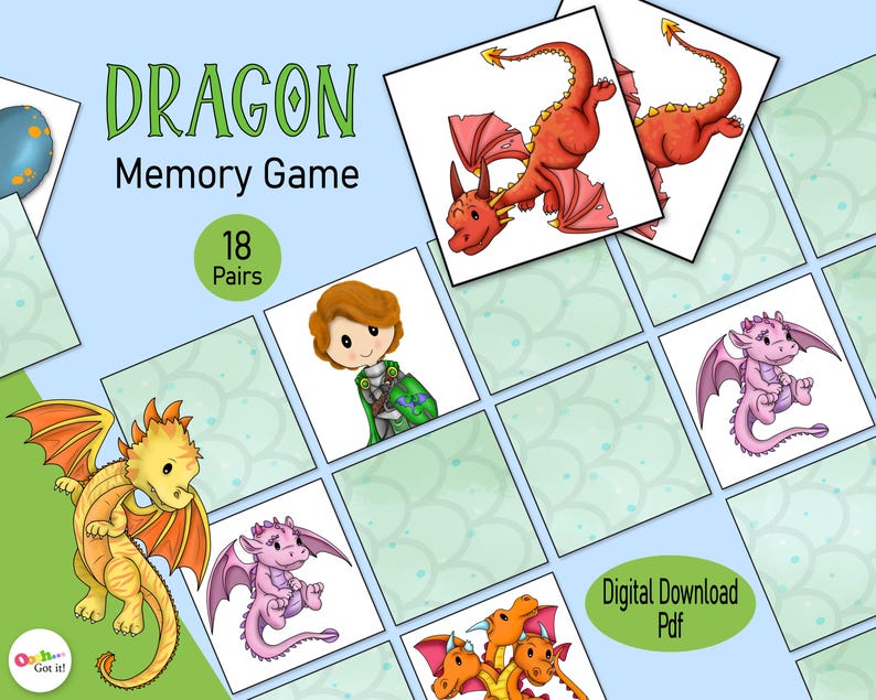 Dragon Memory Card Game, a Printable Fantasy Dragons & Knights Picture ...