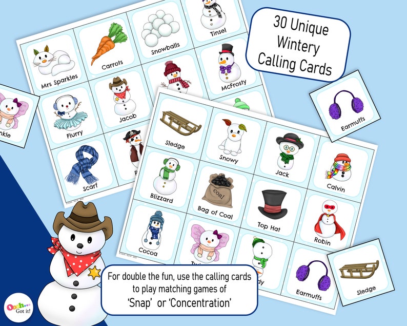 Snowman Bingo, 30 Printable Bingo Cards; a Festive Kids Winter Game for ...