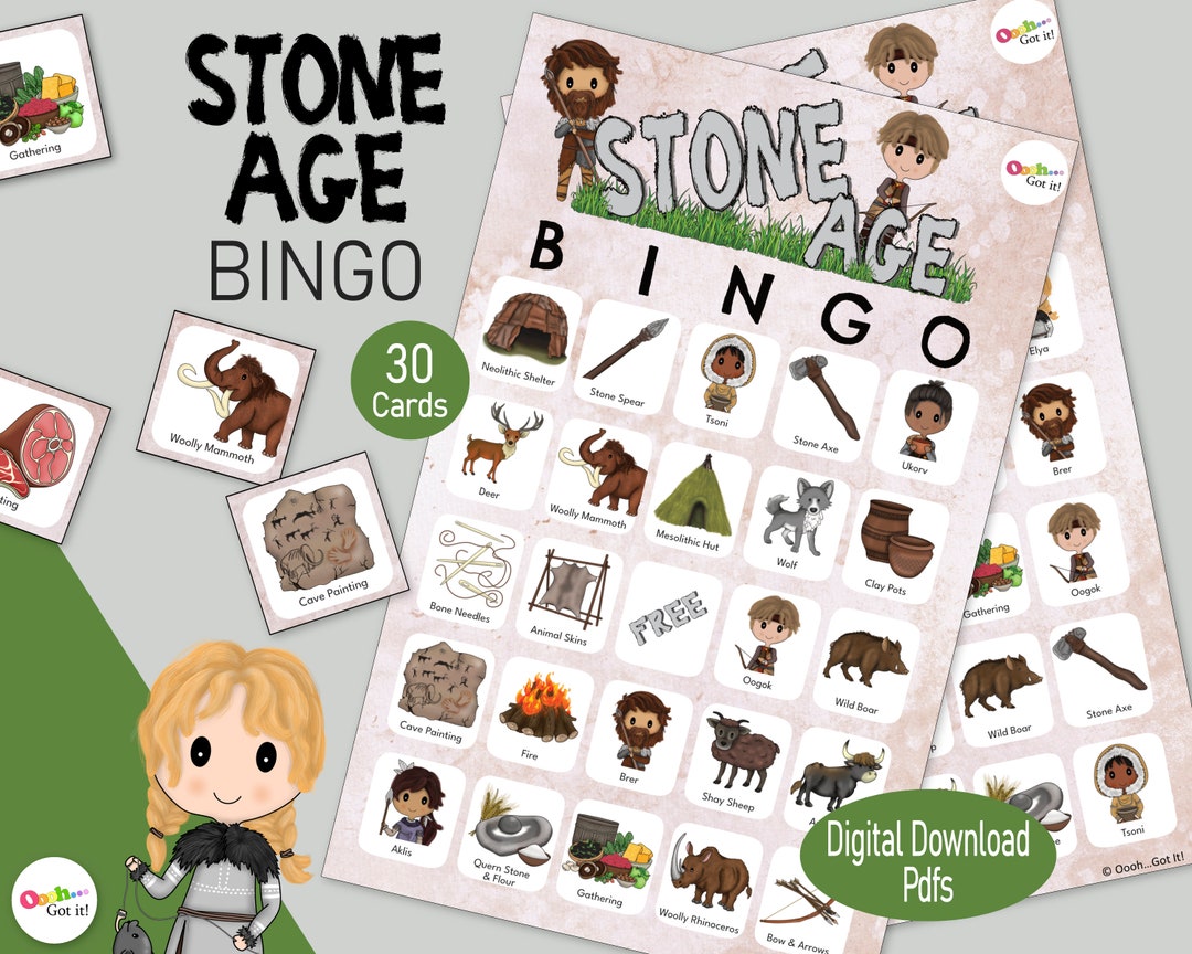 Stone Age Bingo Cards, a Printable Prehistoric Party Game, Kids ...