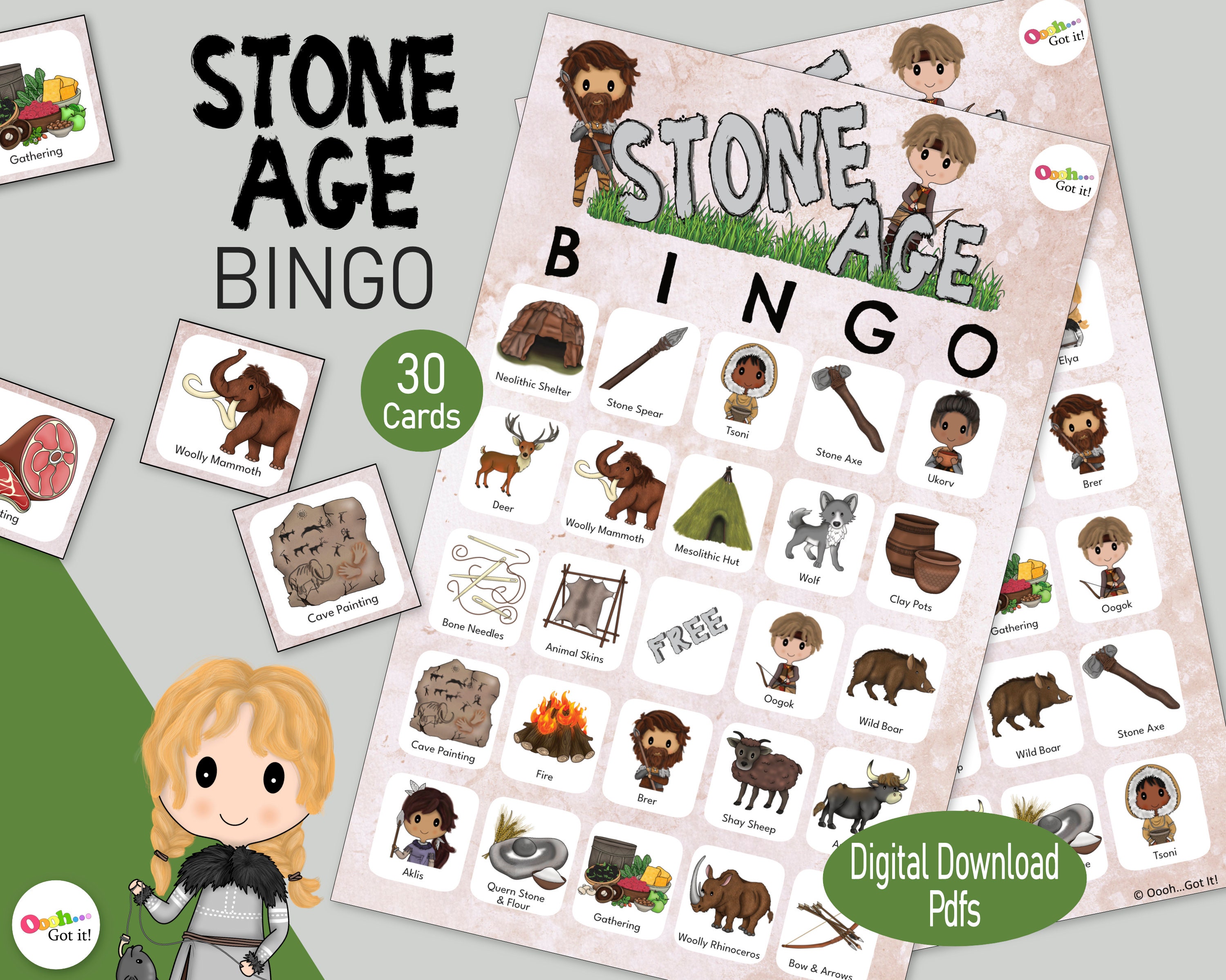 Stone Age Bingo Cards, a Printable Prehistoric Party Game, Kids ...