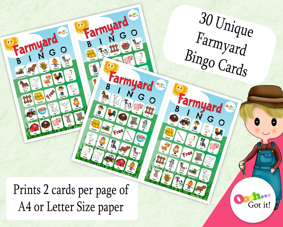 Farm Animals Bingo a Printable Farmyard Kids Game 30 Cards | Etsy