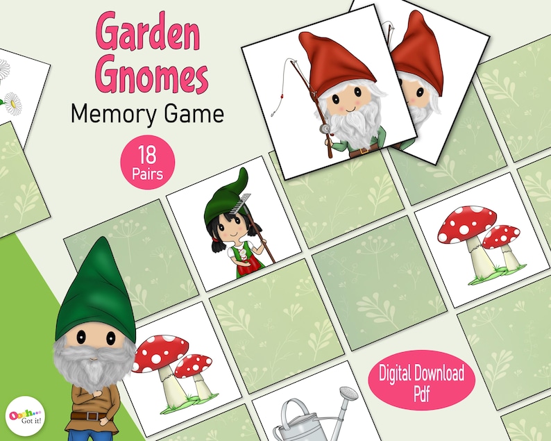 Garden Gnome Memory Card Game, Printable Summer Activity for Kids for a ...