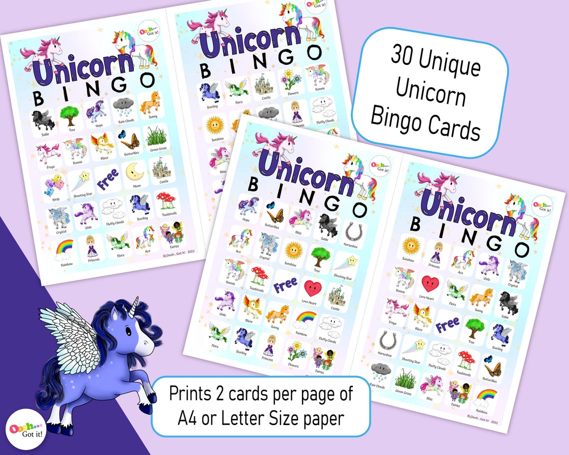 Unicorn Bingo, a Cute Printable Kawaii Unicorn Party Game, 30 Bingo ...
