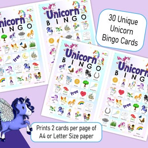 Unicorn Bingo, a Cute Printable Kawaii Unicorn Party Game, 30 Bingo ...