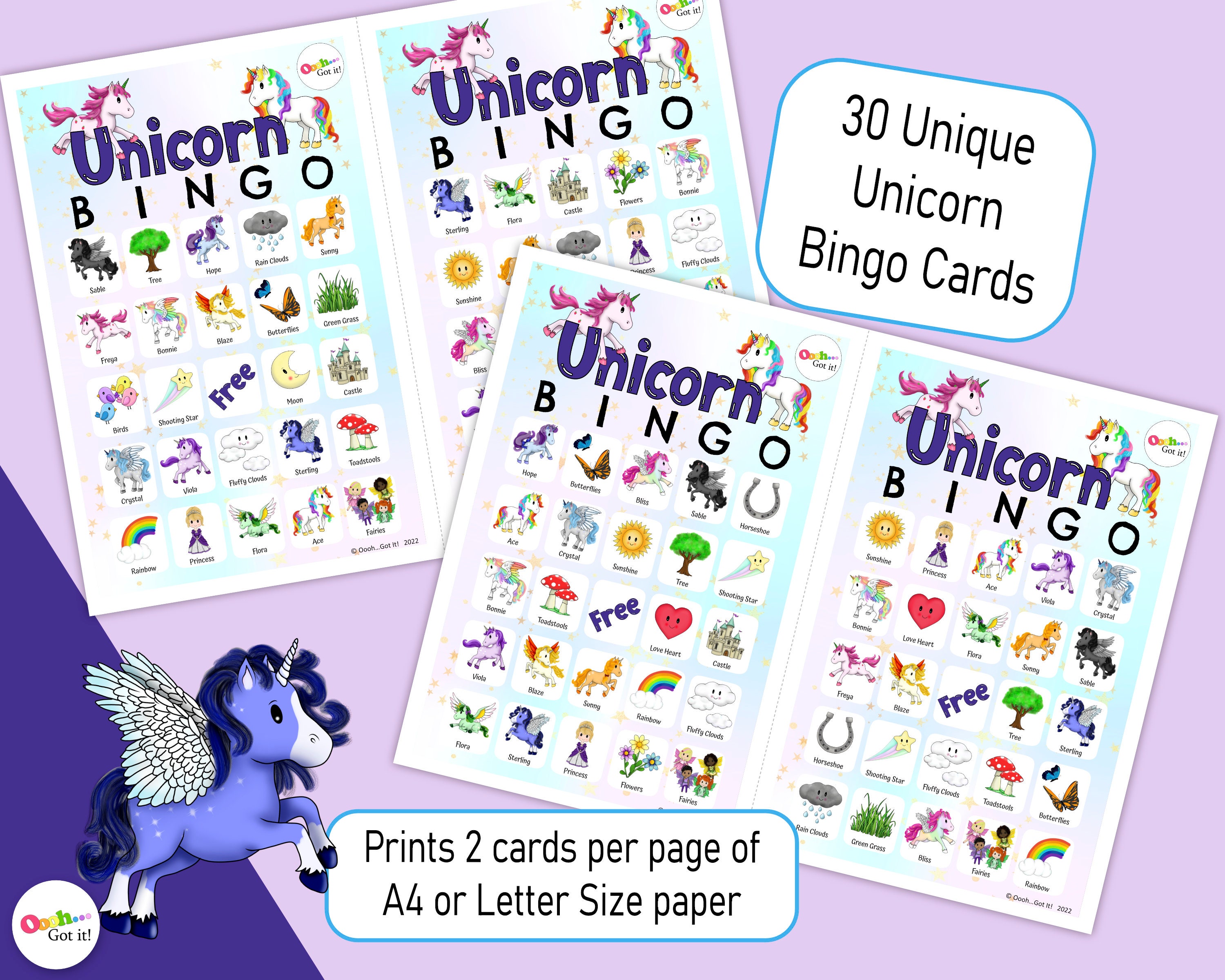 Unicorn Bingo, a Cute Printable Kawaii Unicorn Party Game, 30 Bingo ...