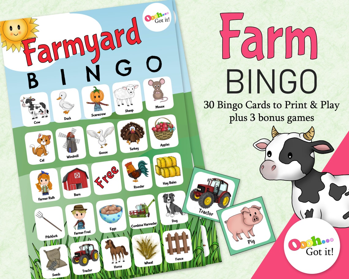 Farm Animals Bingo a Printable Farmyard Kids Game 30 Cards | Etsy