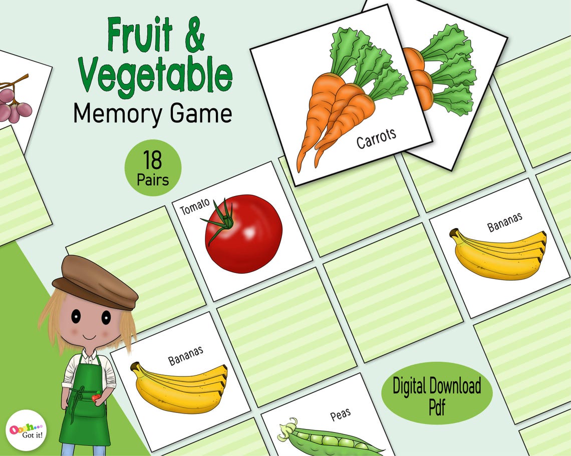 Fruit & Vegetable Memory Game, a Greengrocer, Farmers Market, Healthy ...