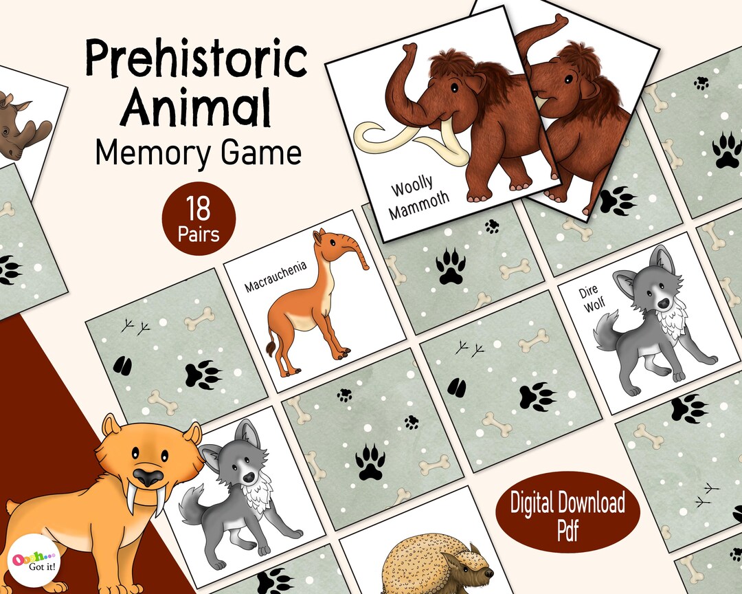 Prehistoric Animal Memory Card Game, a Printable Ice Age Picture ...