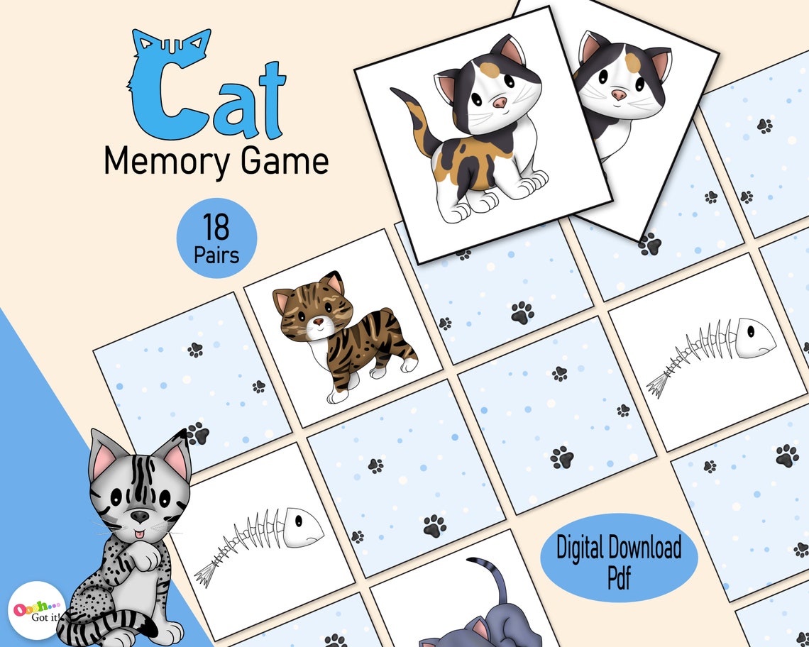 Cat Memory Card Game, a Printable Kitty Picture Matching Activity for ...