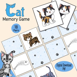 Cat Memory Card Game, a Printable Kitty Picture Matching Activity for ...