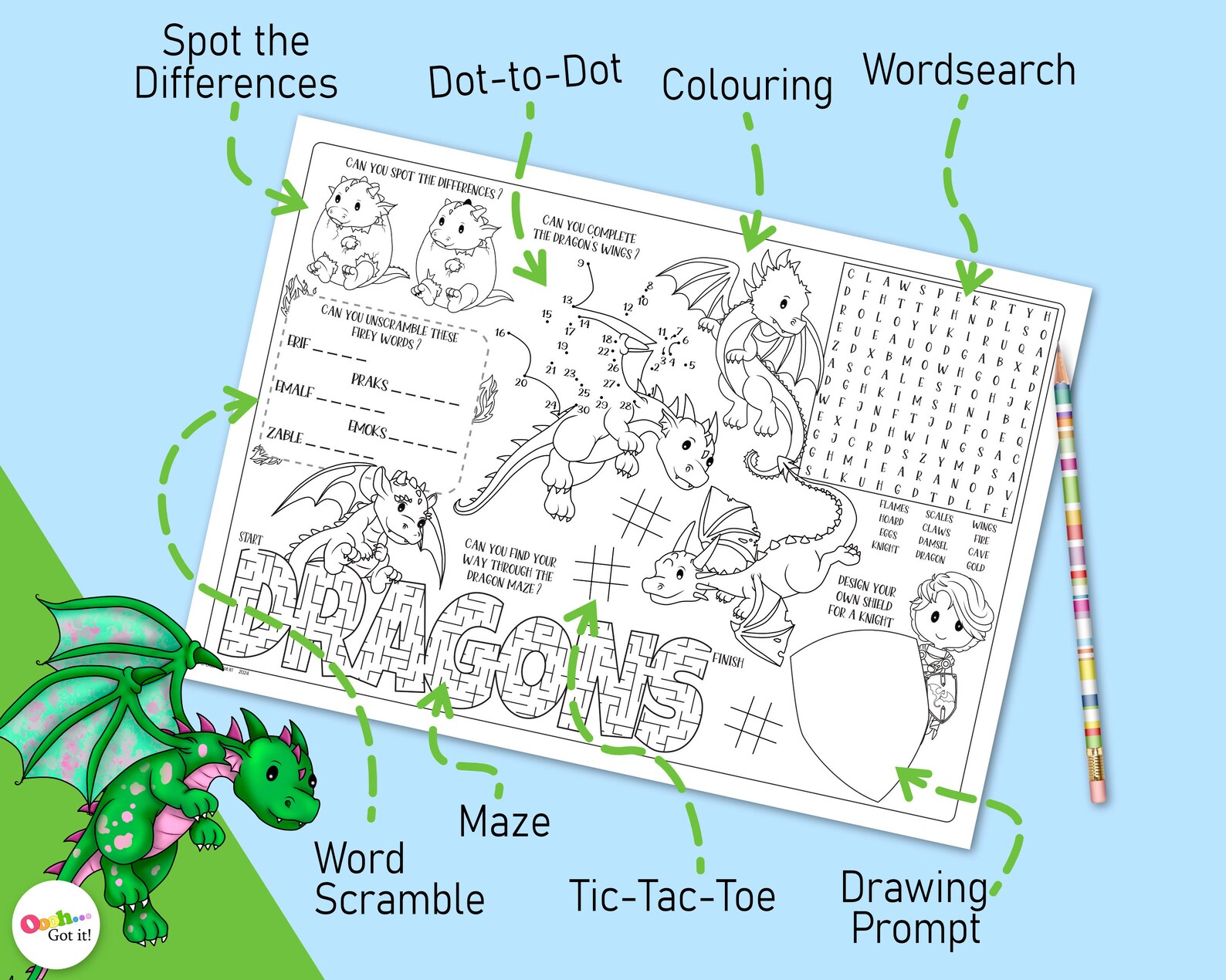Dragon Placemat, a Printable Birthday Party Activity Sheet for Kids, a ...