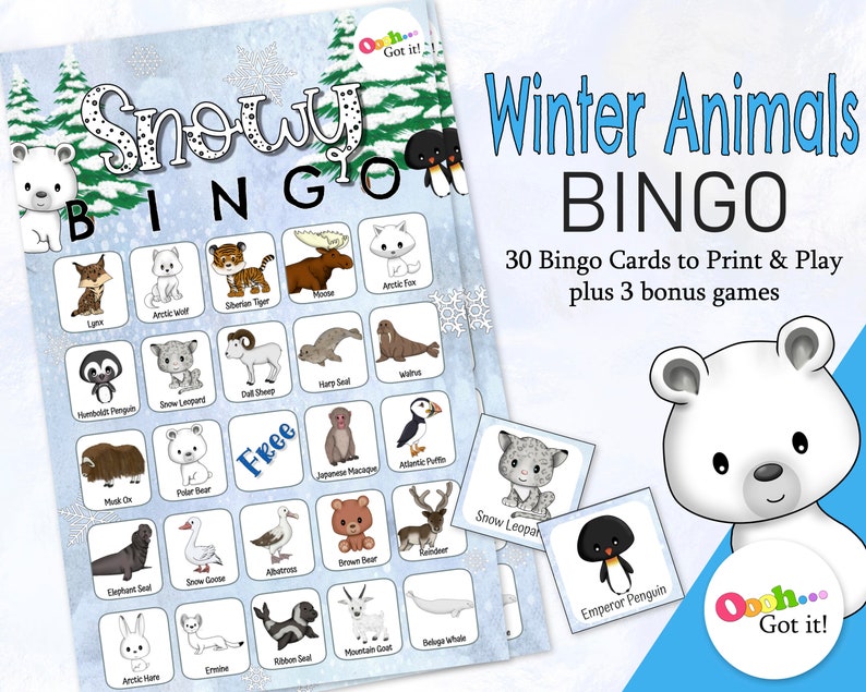 Winter Animals Bingo a Printable Snowy Day Frosty Kids - Etsy