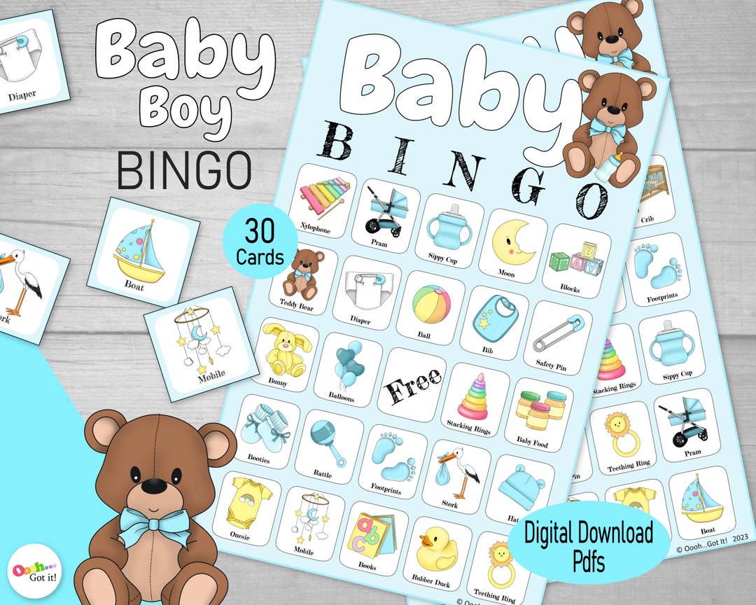 Baby Shower Bingo, 30 Printable Prefilled Bingo Cards, for a Baby Boy ...