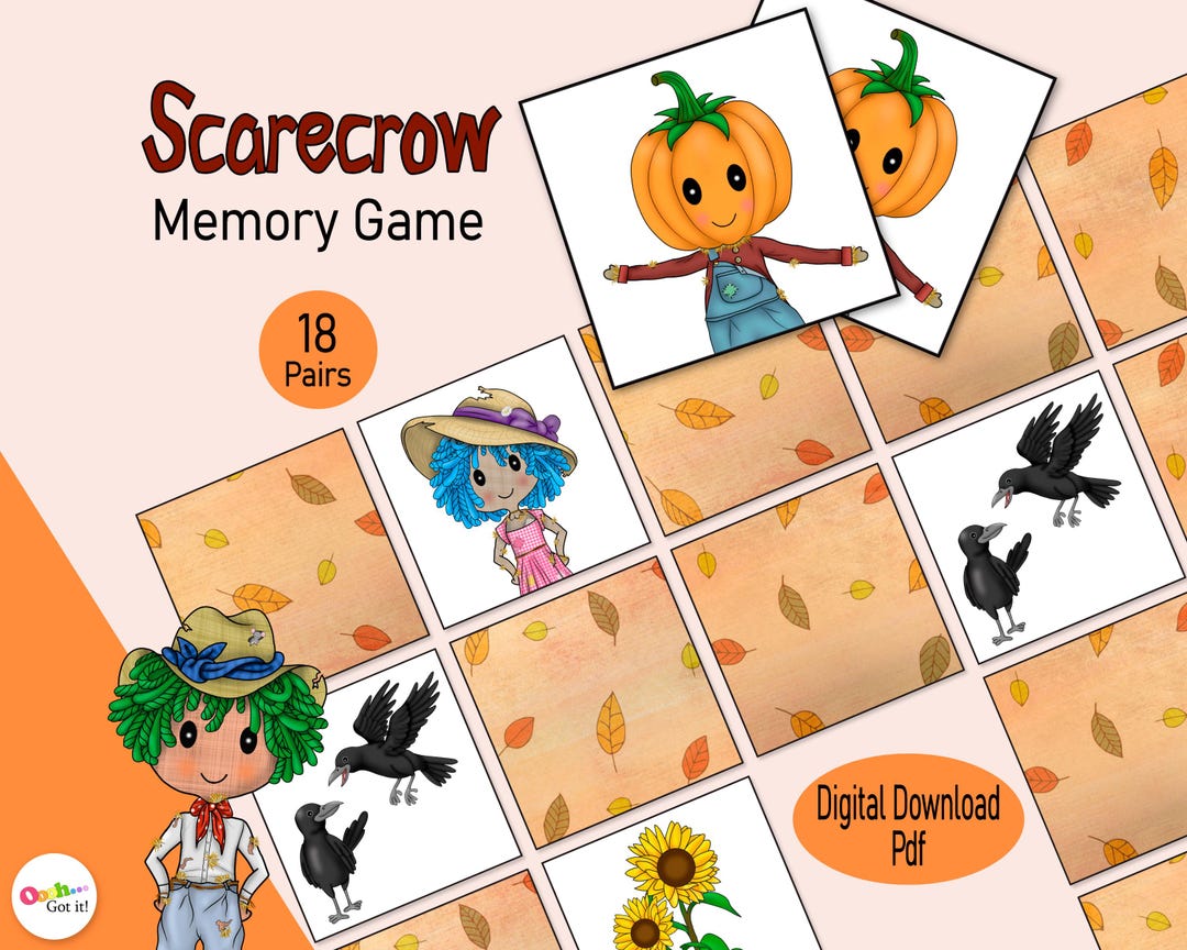 Scarecrow Memory Card Game, a Printable Fall Harvest Picture Matching ...