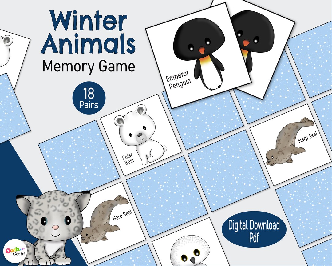 Winter Animals Memory Card Game, a Printable Snowy Picture Matching ...