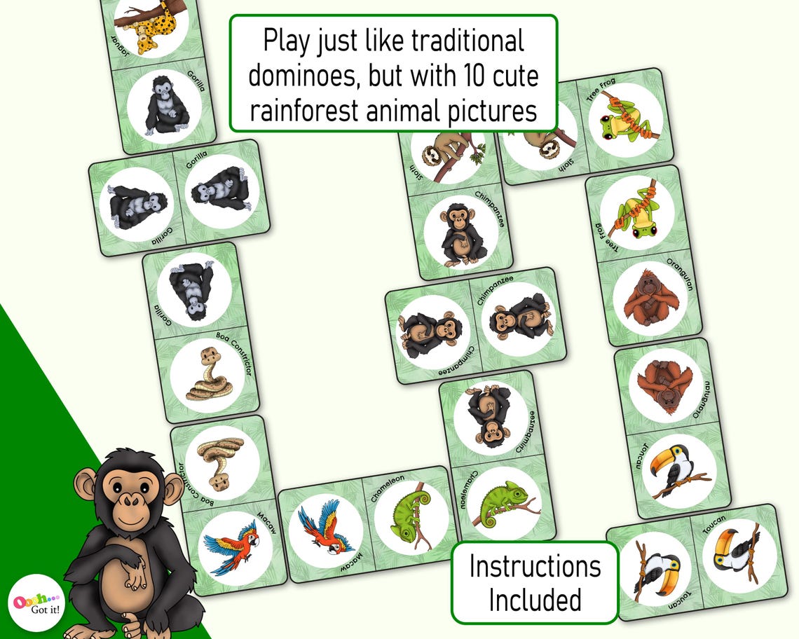 Rainforest Animal Dominoes – A Fun Printable Jungle Wildlife Picture ...
