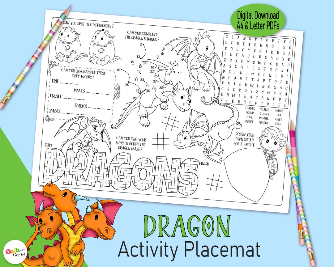 Dragon Placemat, a Printable Birthday Party Activity Sheet for Kids, a ...