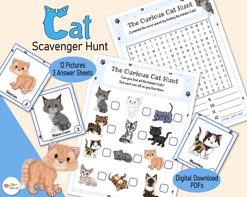 Kitty Cat Picture Scavenger Hunt, a Printable Hide & Seek Game for Kids ...