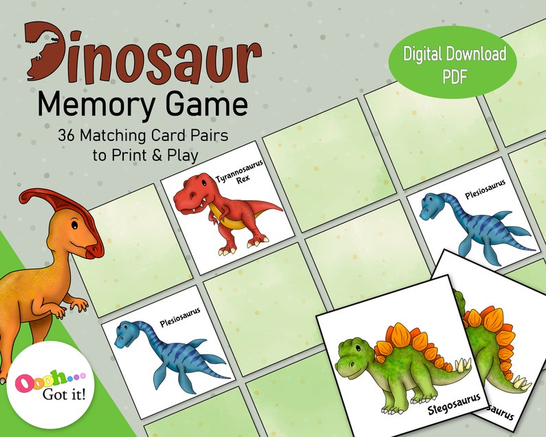 Dinosaur Memory Card Game a Printable Jurassic Picture - Etsy