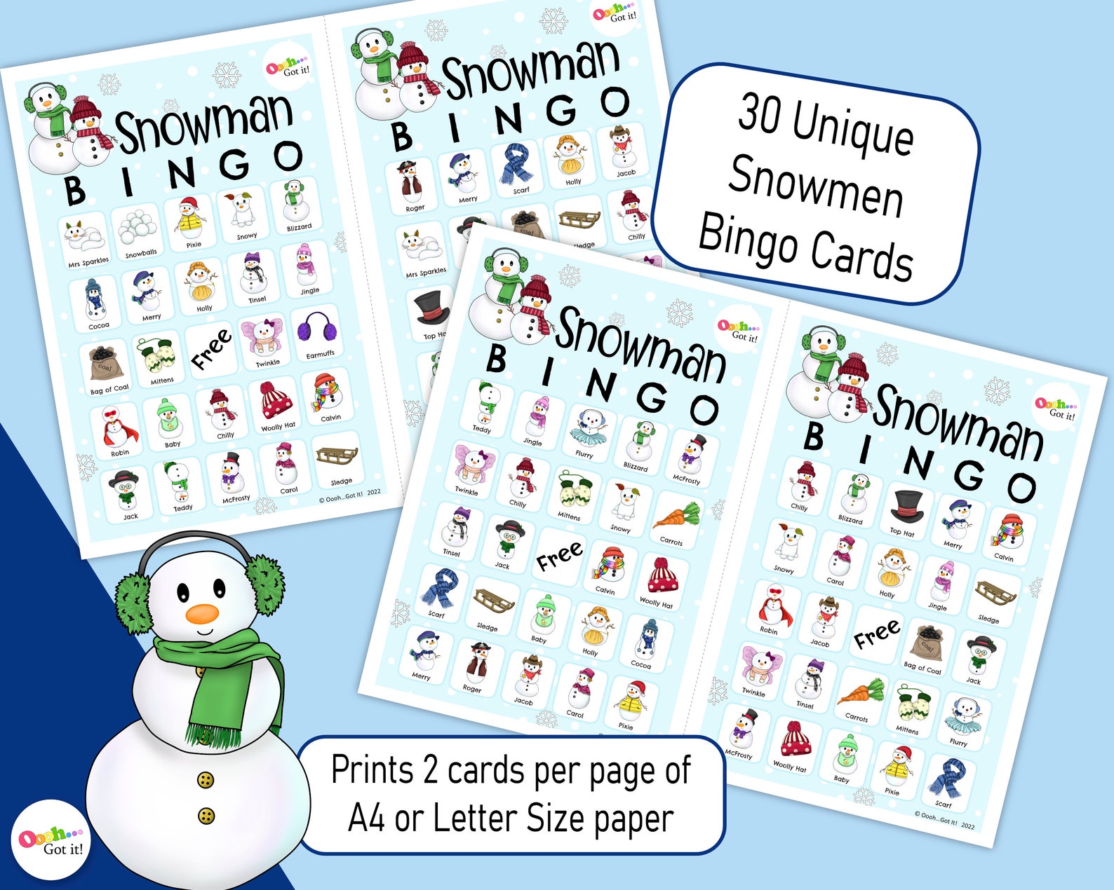 Snowman Bingo, 30 Printable Bingo Cards; a Festive Kids Winter Game for ...