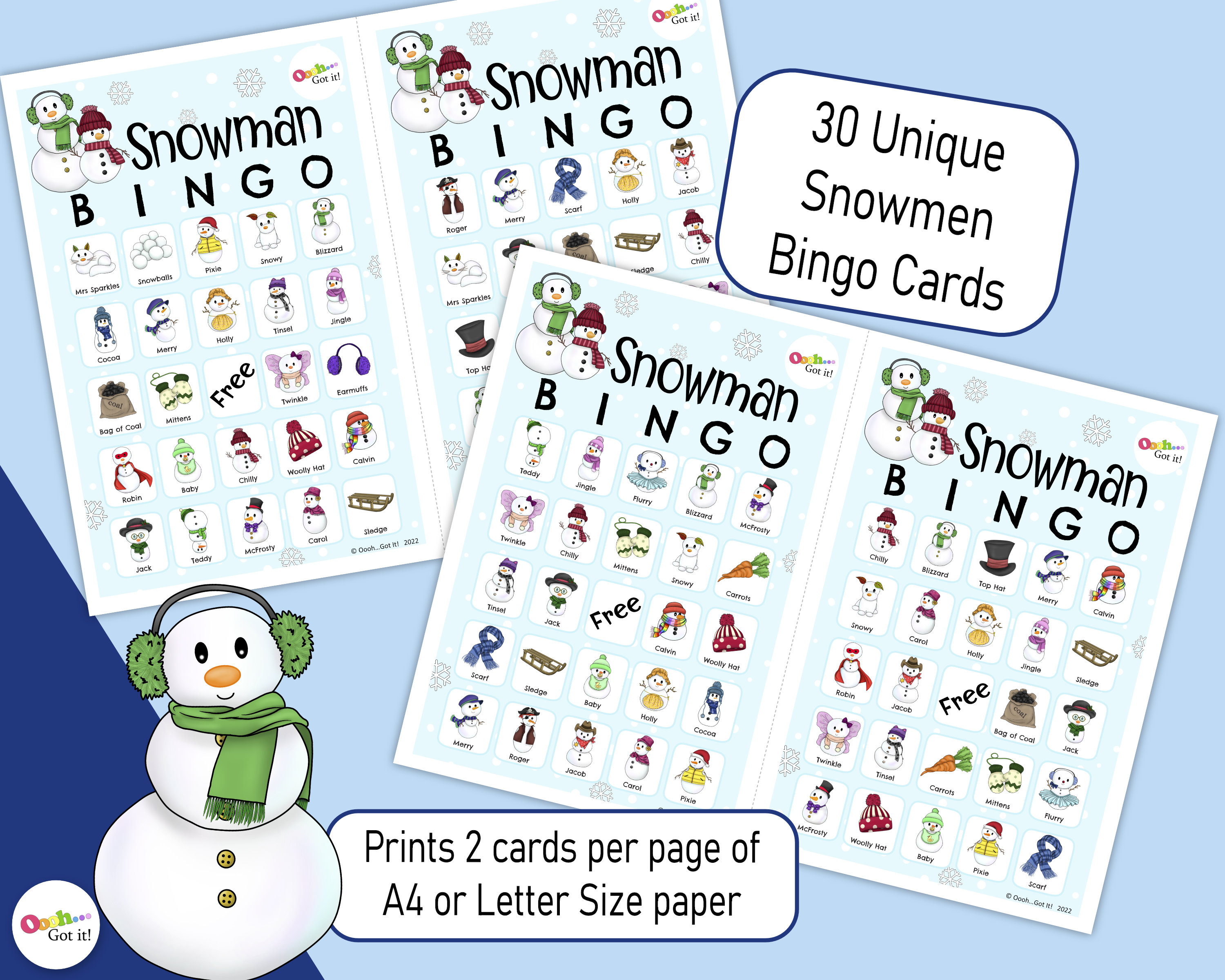 Snowman Bingo, 30 Printable Bingo Cards; a Festive Kids Winter Game for ...
