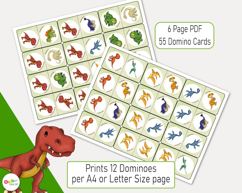 Dinosaur Dominoes, a Printable Kids Matching Game, for a Boys Birthday ...