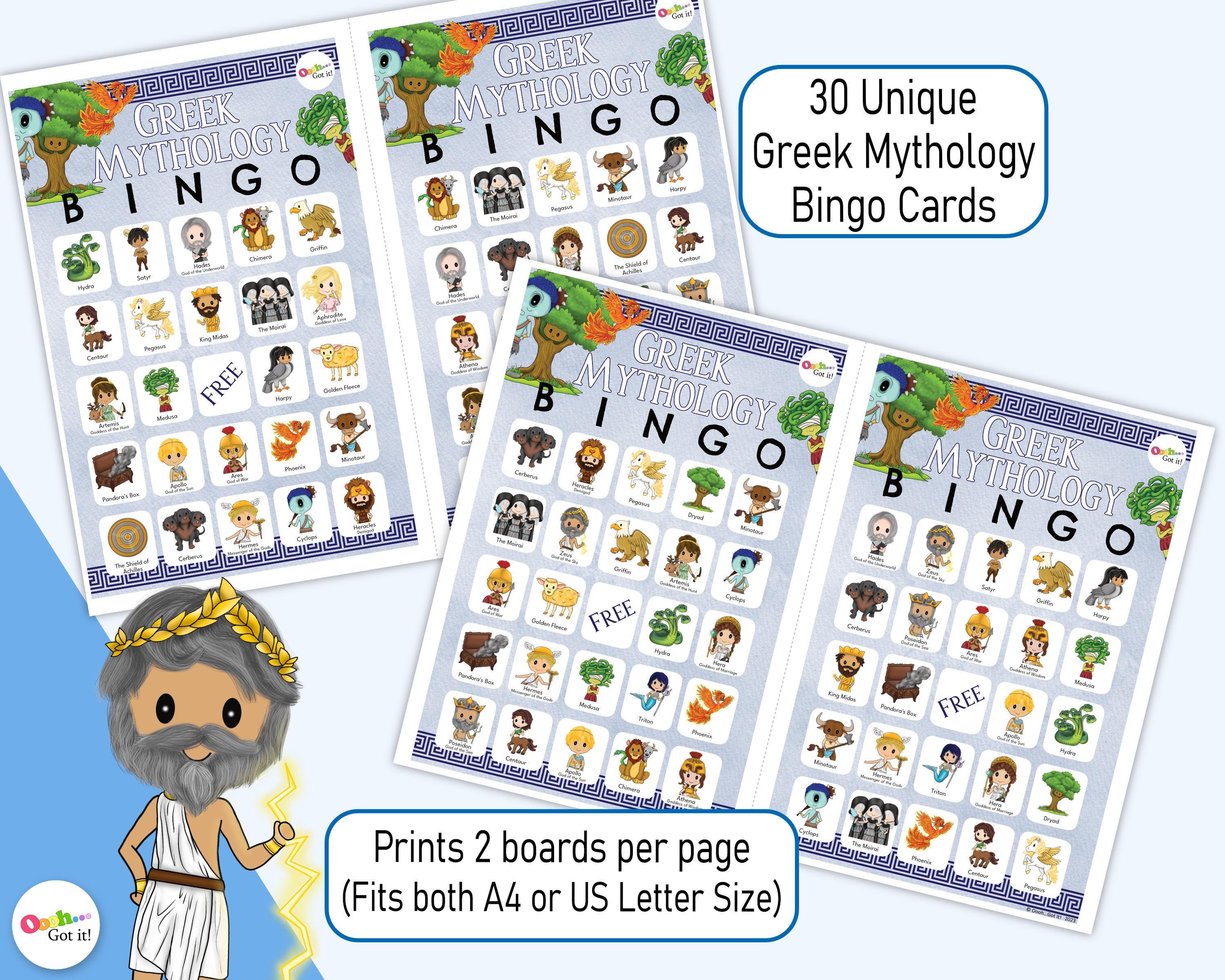 Greek Mythology Bingo, a Fun Printable Ancient Greece Game, for a ...