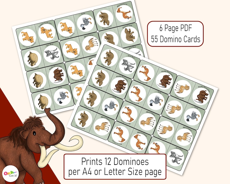 Prehistoric Animal Dominoes, a Printable Ice Age Picture Matching ...