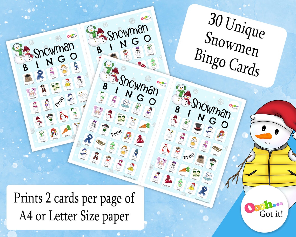 Snowman Bingo 30 Printable Bingo Cards a Festive Kids Winter - Etsy