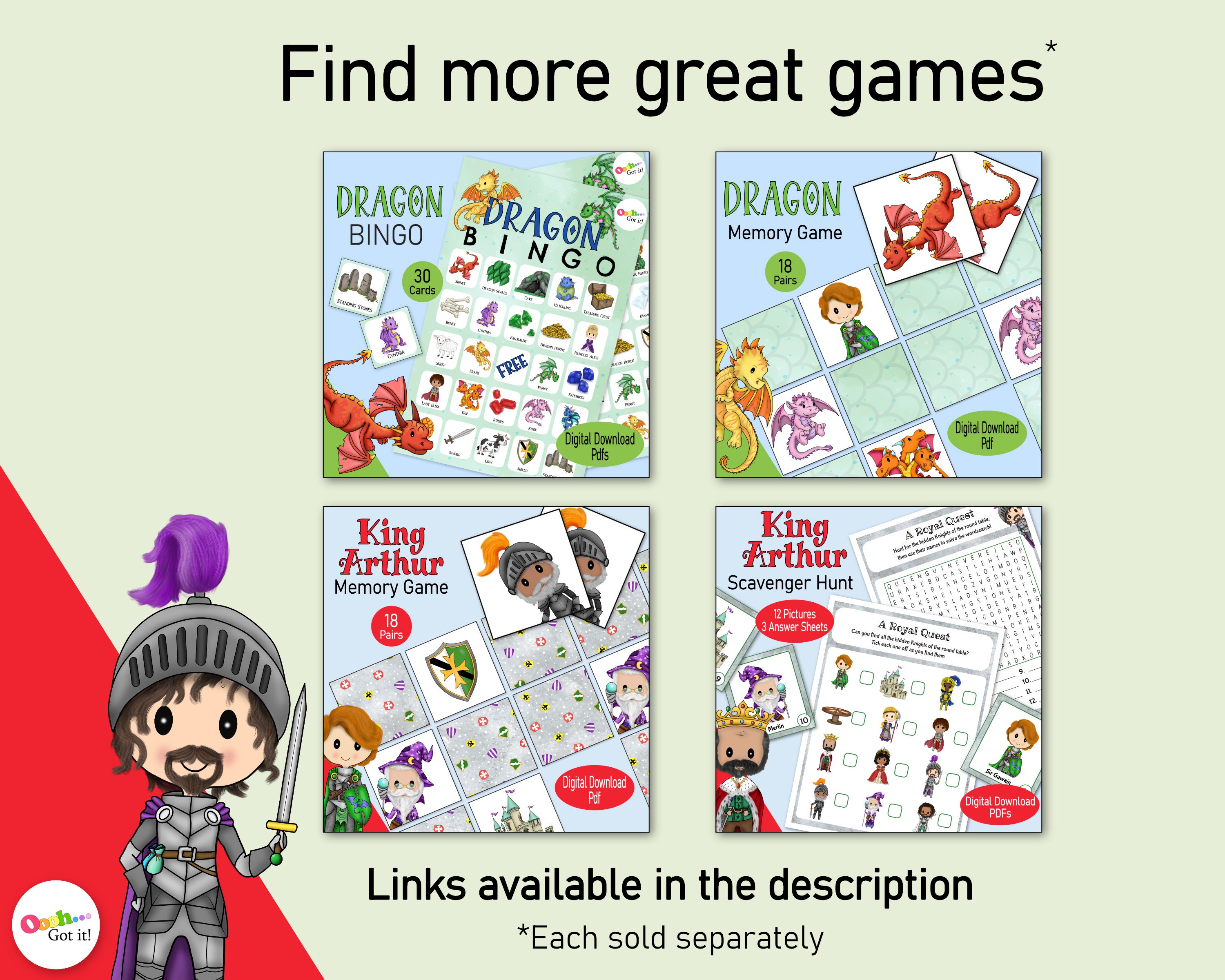 King Arthur Bingo, Medieval Knight Bingo Cards, a Printable Fantasy ...