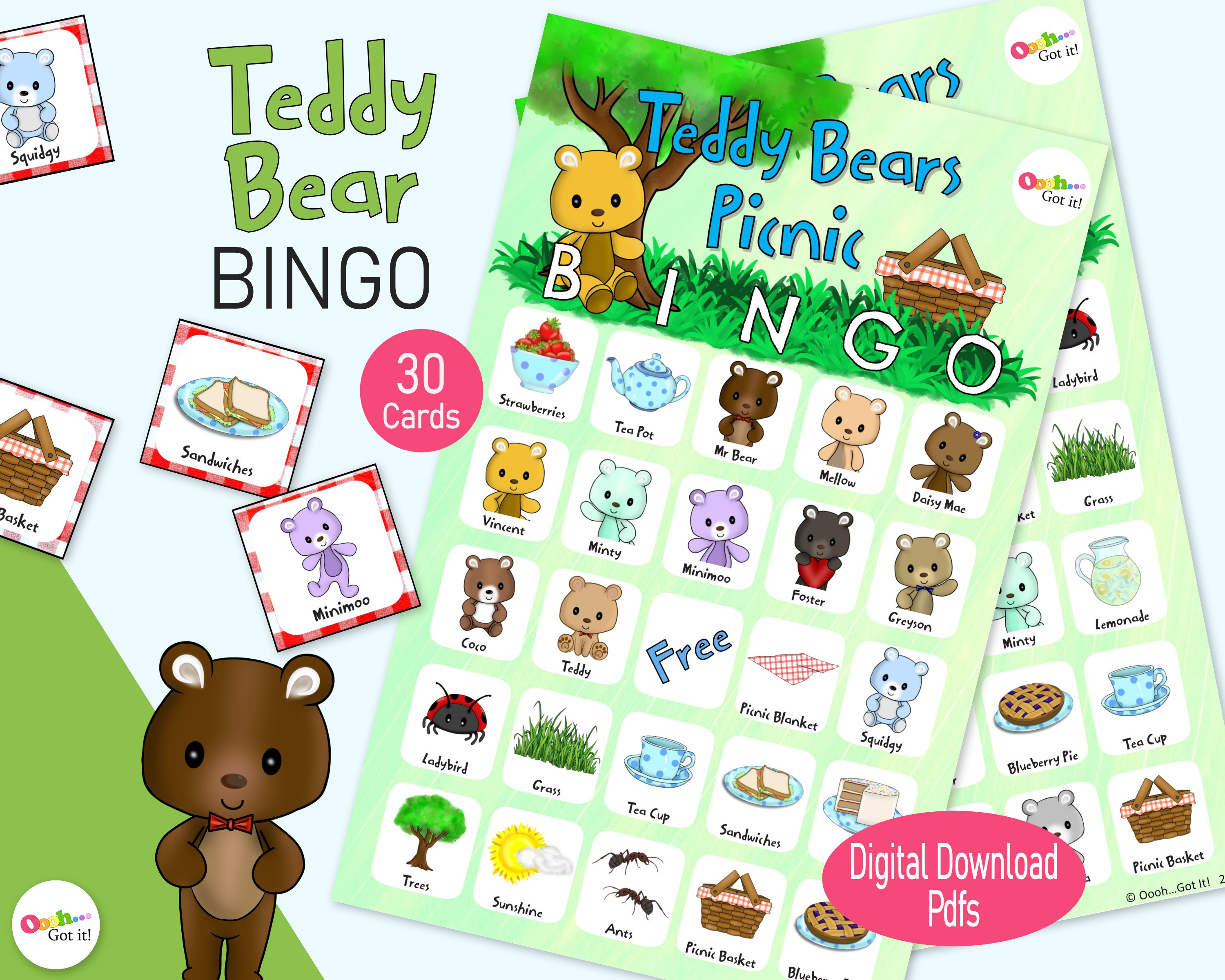Teddy Bears Picnic Bingo, a Printable Baby Shower, or 1st Birthday ...