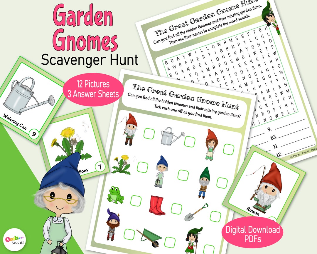 Gnome Scavenger Hunt, a Printable Garden Picture Matching Game for a ...