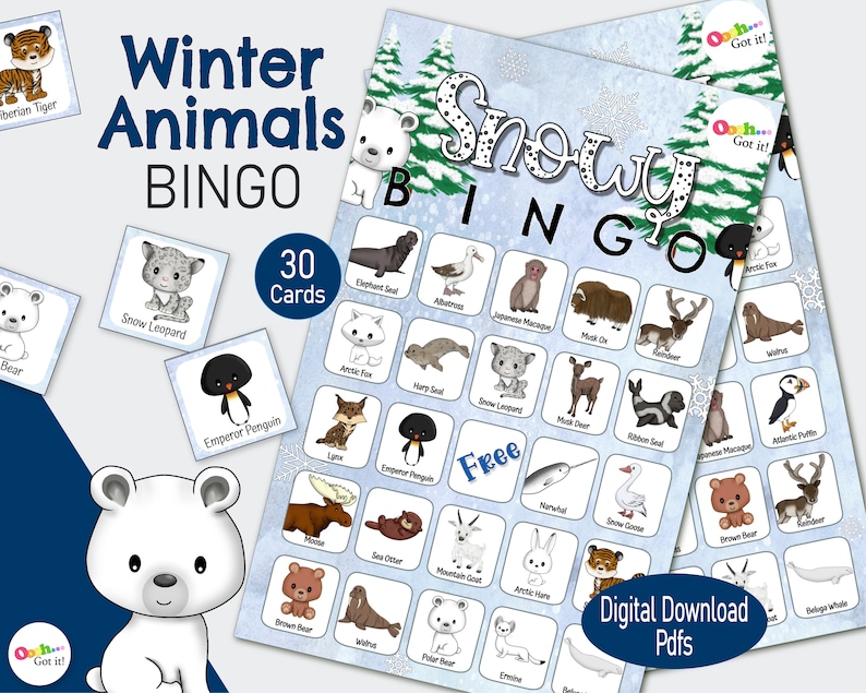 Winter Animals Bingo, a Printable Snowy Day, Frosty Kids Activity, for ...