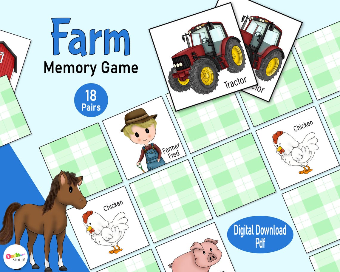 Farm Animal Memory Game, a Printable Picture Matching Card Game for ...