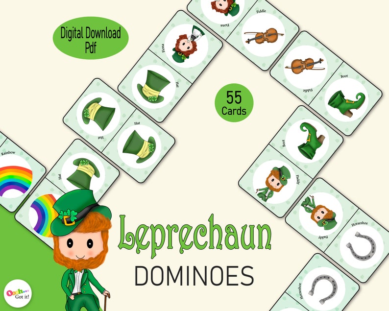 St Patrick's Day a Printable Leprechaun Dominoes Game, a Irish Shamrock ...