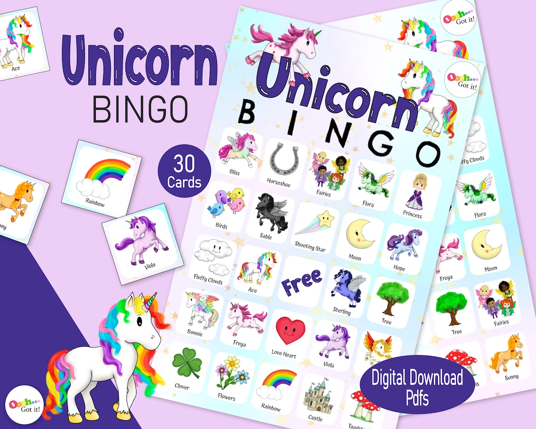 Unicorn Bingo, a Cute Printable Kawaii Unicorn Party Game, 30 Bingo ...