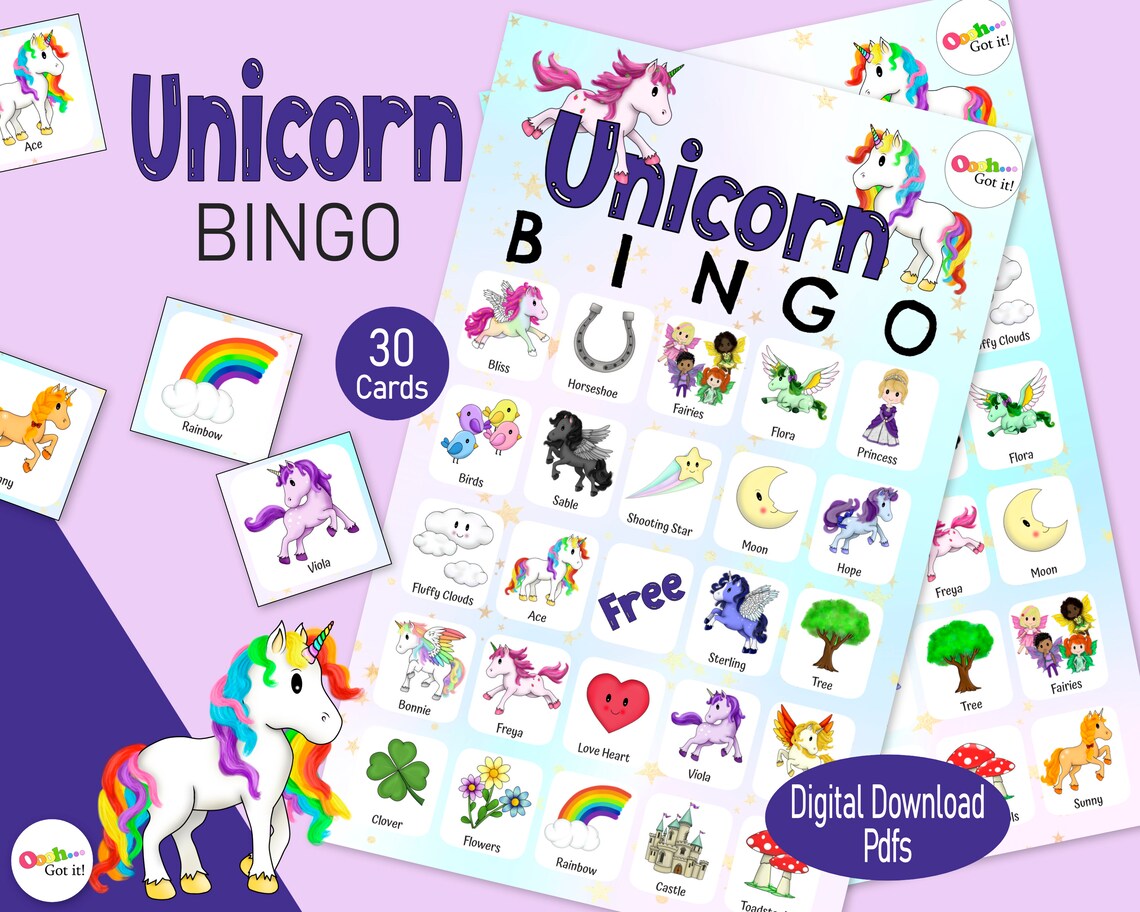 Unicorn Bingo, a Cute Printable Kawaii Unicorn Party Game, 30 Bingo ...