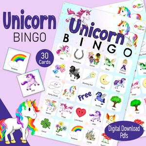 Unicorn Bingo, a Cute Printable Kawaii Unicorn Party Game, 30 Bingo ...