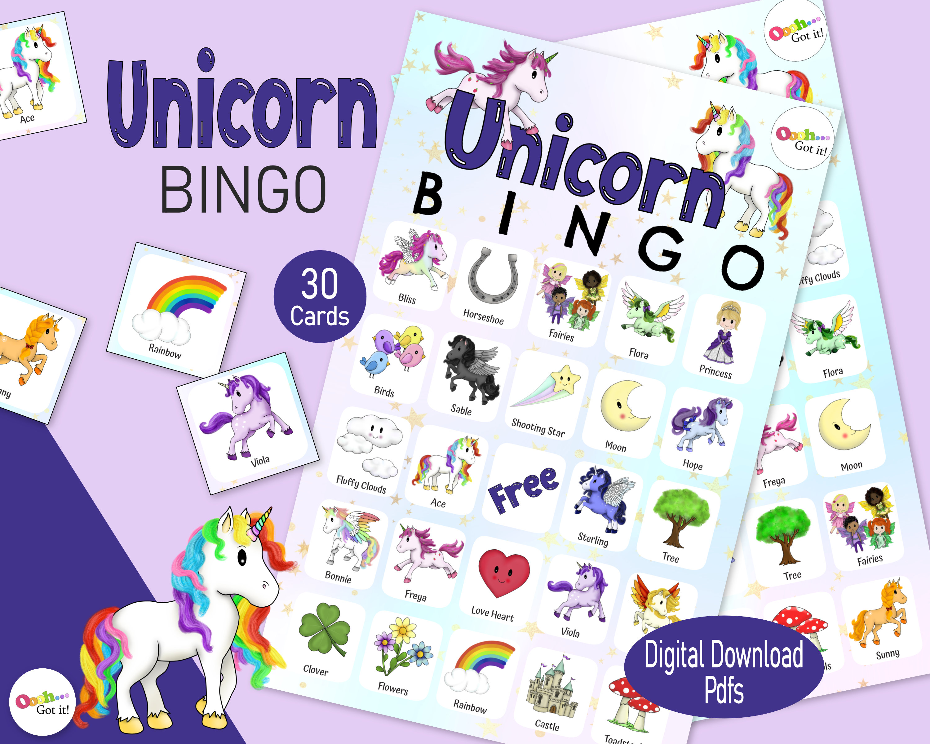 Unicorn Bingo, a Cute Printable Kawaii Unicorn Party Game, 30 Bingo ...