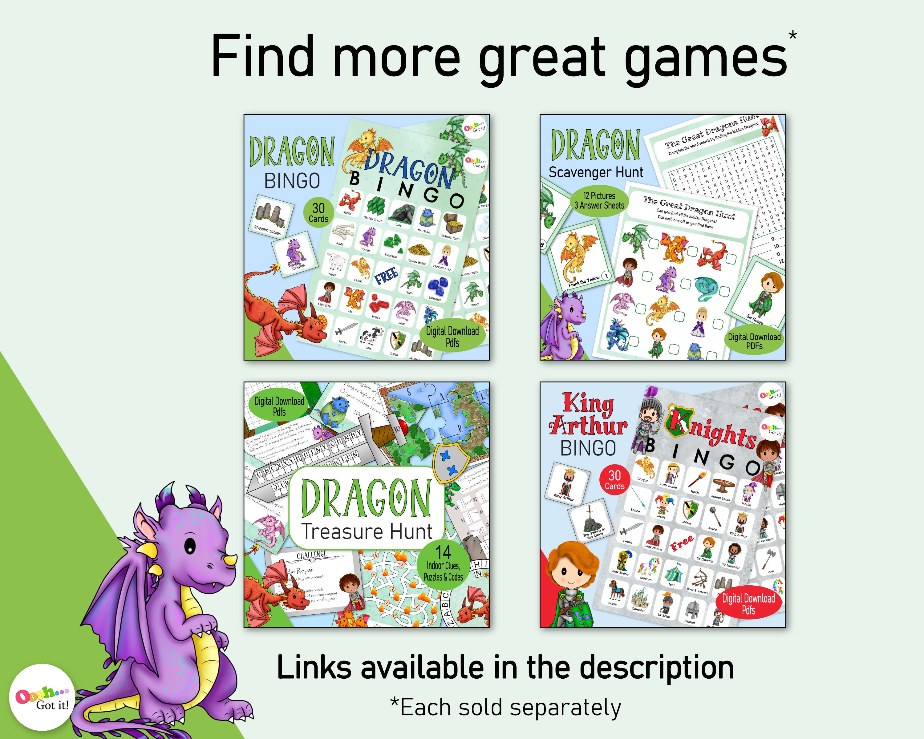 Dragon Memory Card Game, a Printable Fantasy Dragons & Knights Picture ...