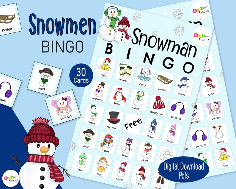 Snowman Bingo, 30 Printable Bingo Cards; a Festive Kids Winter Game for ...